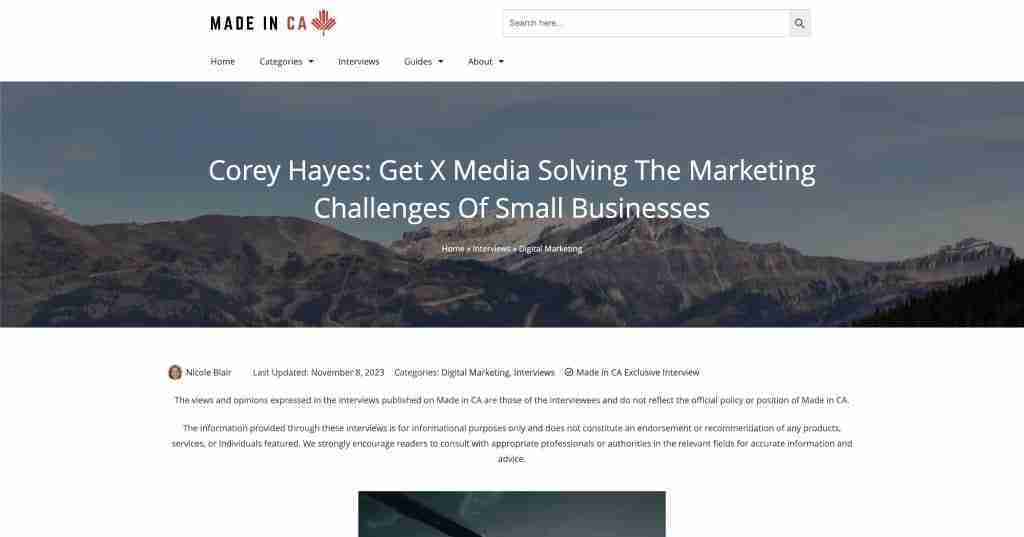 Corey Hayes Featured in Made in Canada Magazine | Get X Media